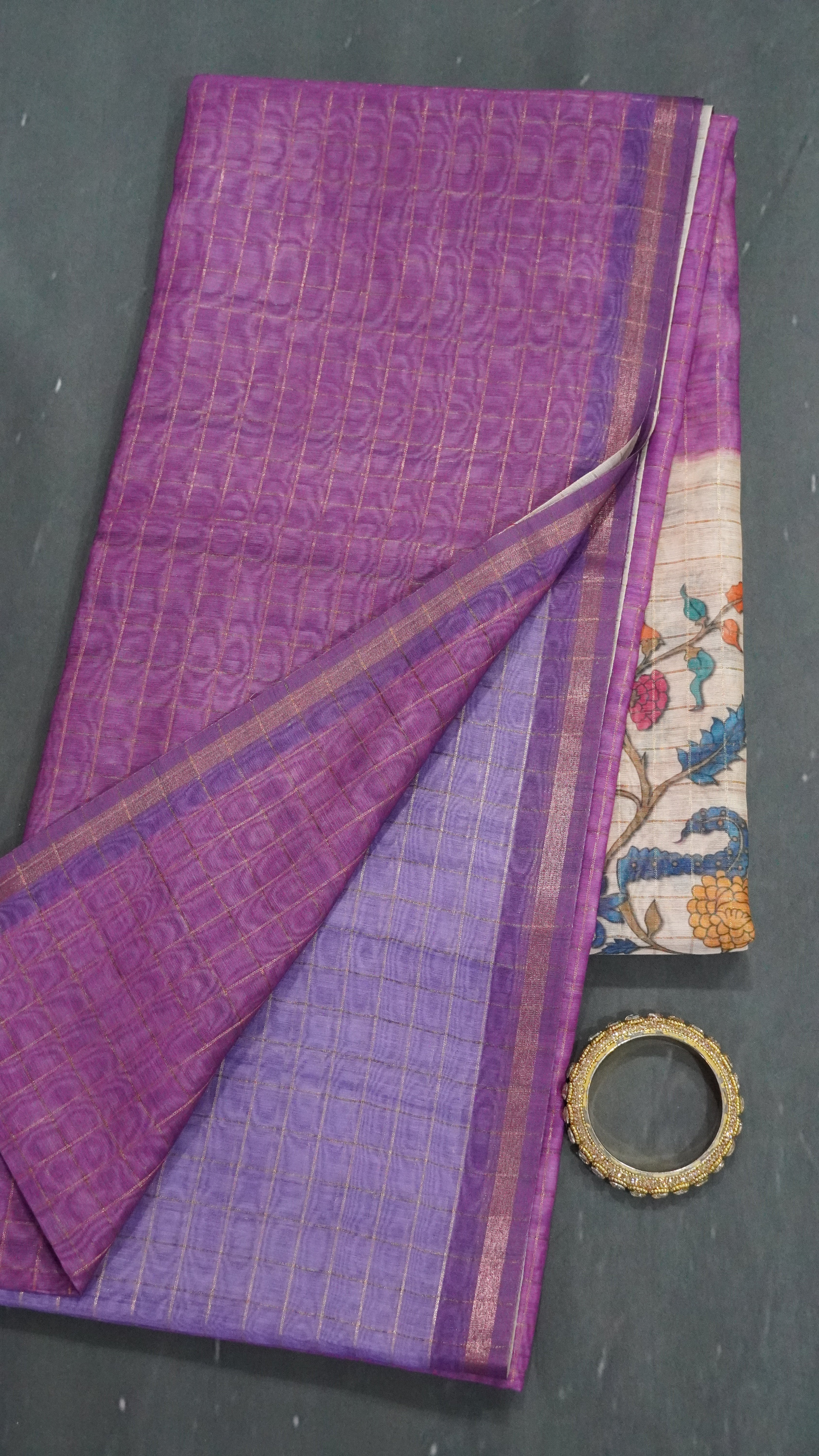 Semi Chanderi Saree- Tri Colors Checks Purple – Charvi Boutique
