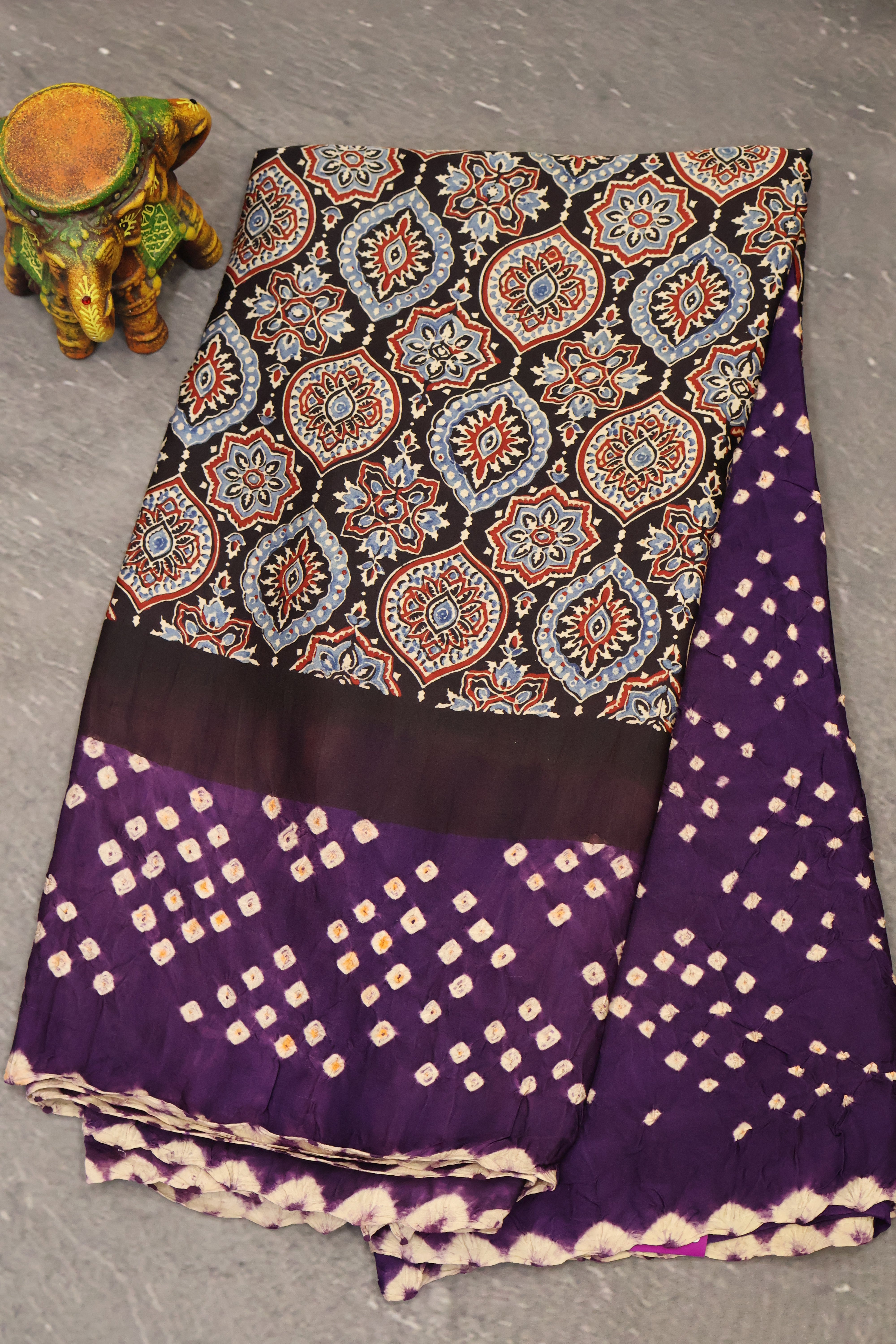 Pure Modal Saree Ajrakh Pattern-Black – Charvi Boutique